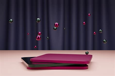 제품 프리젠 테이션및 배경에 섬유 커튼금속 거품을위한 광장 연단 간단한 기하학적 3d 요소로 빈 플랫폼 모형 차분한 파스텔