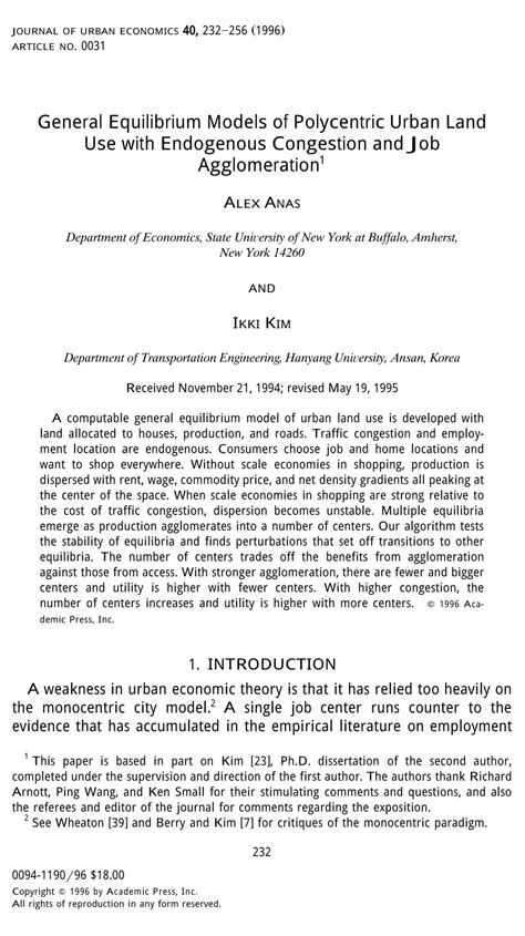 Pdf General Equilibrium Models Of Polycentric Urban Land Use With