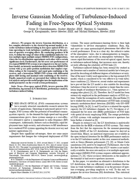 Inverse Gaussian Modeling Of Turbulence Induced Fading In Free Space Optical Systems Pdf