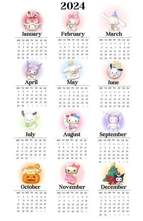 Cute Sanrio Yearly 2024 Calendar Poster In 2023 Hello Kitty Items Cute Calendar Calendar Design