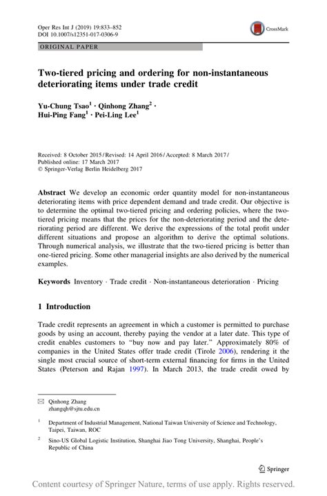 Two Tiered Pricing And Ordering For Non Instantaneous Deteriorating