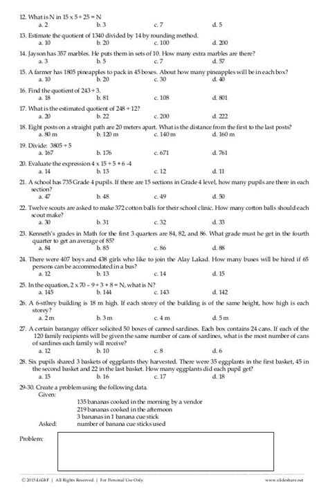 K To 12 Grade 4 Diagnostic Pre Test In Mathematics Artofit