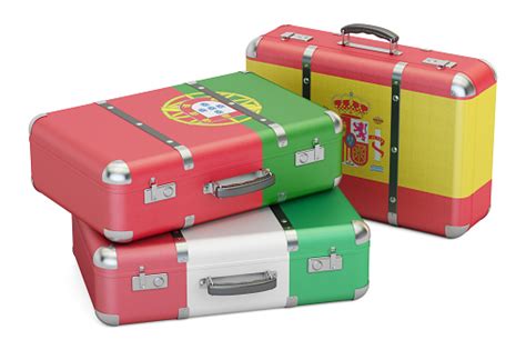 스페인 포르투갈 및 이탈리아의 플래그와 가방 유럽 개념 주변 여행 3 차원 렌더링 3차원 형태에 대한 스톡 벡터 아트 및 기타 이미지 3차원 형태 가방 개념과 주제