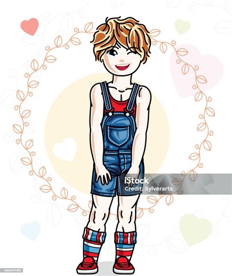 로맨틱 한 마음으로 화려한 배경에 포즈 세련된 캐주얼 옷을 입고 아름다운 행복 작은 빨간 머리 소녀 매력적인 아이의 벡터 그림입니다 T 셔츠에 대한 스톡 벡터 아트 및 기타