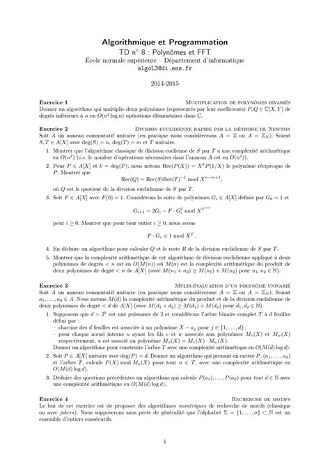 Algorithmique Et Programmation Td N 8 Polynômes Et Fft