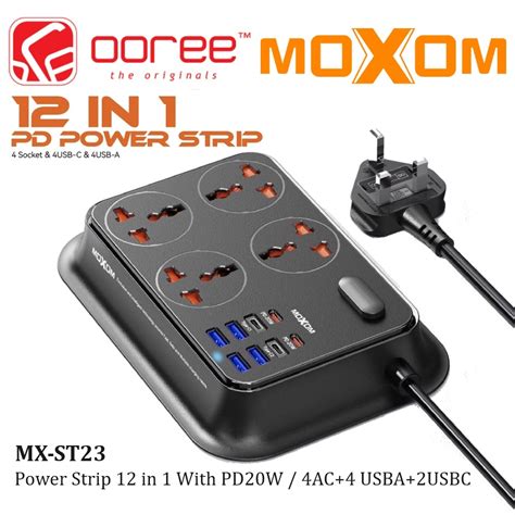 Moxom Mx St23 Extension Socket 12 In 1 Power Strip 4 Unversal Socket 4 Usb A 2 Usb C Pd20w