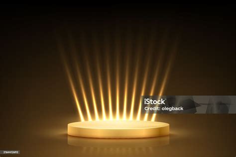 골드 포상 연단 벡터 일러스트 레이 션 검은 배경에 빛나는 광선과 함께 빈 3d 황금 무대 럭셔리 제품 프레젠테이션 뷰티 산업을 위한 글래머 디자인 금 금속에 대한 스톡