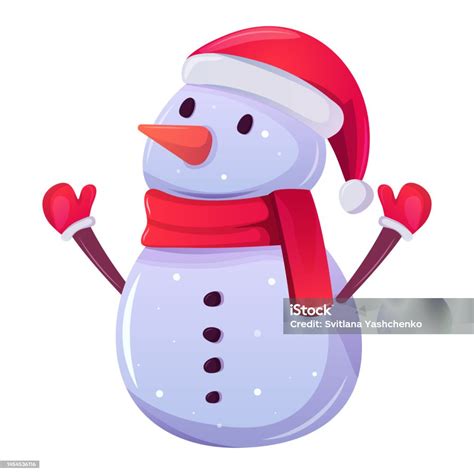 빨간 모자를 쓴 만화 눈사람과 장갑을 낀 두 팔 벌린 스카프 벡터 그림입니다 인사말 카드에 대 한 크리스마스 문자입니다 행복한 겨울 휴가 개념입니다 0명에 대한 스톡 벡터