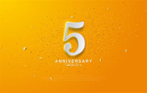 클래식한 흰색과 밝은 노란색 숫자 삽화가 있는 프리미엄 5주년 기념 디자인 초대장 포스터 축하 및 소셜 미디어 게시물에 대한 벡터 배경입니다 3차원 형태에 대한 스톡 벡터