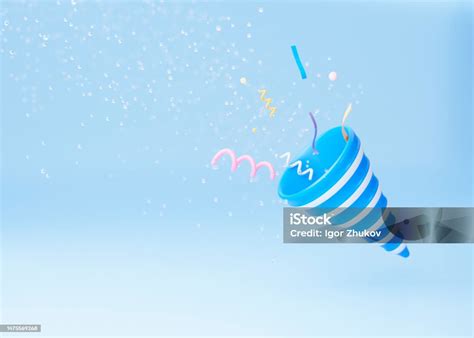 색종이 리본 하늘색 배경에 공이 있는 축제 크래커 또는 포퍼 인사말 카드 초대장 또는 포스터에 대 한 휴일 축제 디자인 3d 렌더링 그림 축하에 대한 스톡 사진 및 기타