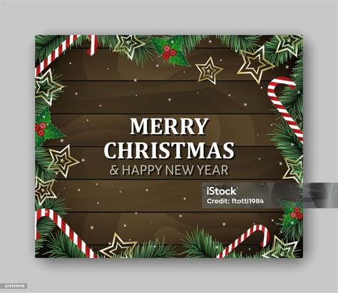 메리 크리스마스와 새 해 복 많이 받으세요 글자와 배너 서식 파일 큰 사각형 녹색 분 지 나무 배경 홀리 열매 마술 지팡이 눈와 별 벡터 일러스트입니다 0명에 대한 스톡