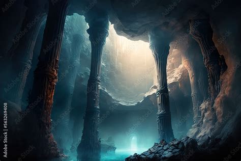 Underground Crystal Stalactite Cavern System With Lake And Glowing Blue Lights In Caves