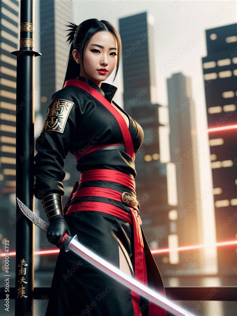 Sexy Woman Ninja In Black Kimono Clothes During Rain Generative Ai