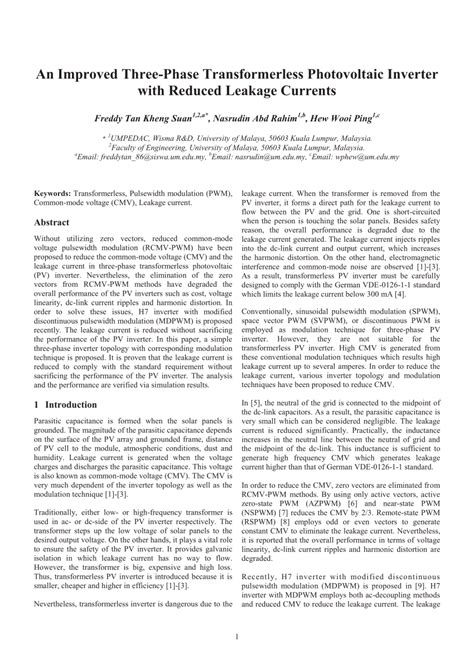 Pdf An Improved Three Phase Transformerless Photovoltaic Inverter With Reduced Leakage Currents