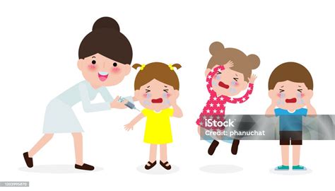 소아과 의사가 주사를 들고 백신 주사 예방 및 예방 접종을 두려워하는 어린이 예방 접종 흰색 배경에서 격리된 벡터 그림 귀여운에 대한 스톡 벡터 아트 및 기타 이미지