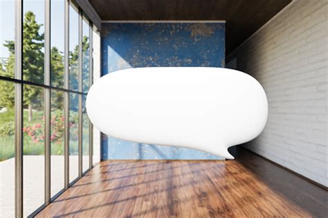 창문과 정원이 있는 호화로운 로프트 아파트에서 공중에 떠 있는 텍스트가 있는 검색 상자 미니멀 한 인테리어 거실 디자인 3d