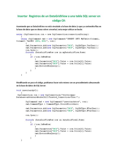 Insertar Registros De Un Datagridview A Una Tabla Sql Server C Pdf