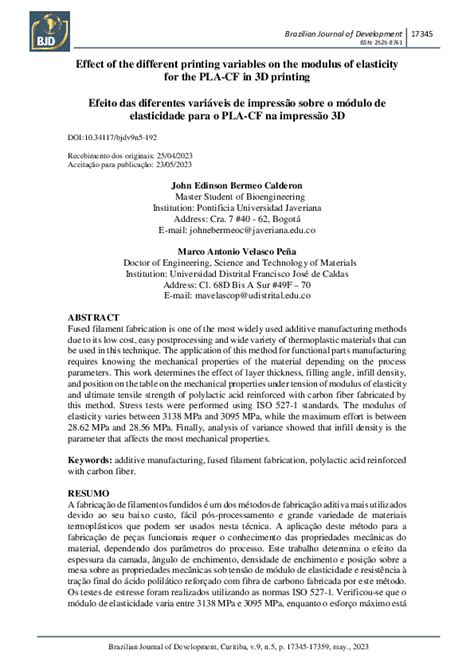 Pdf Effect Of The Different Printing Variables On The Modulus Of Elasticity For The Pla Cf In