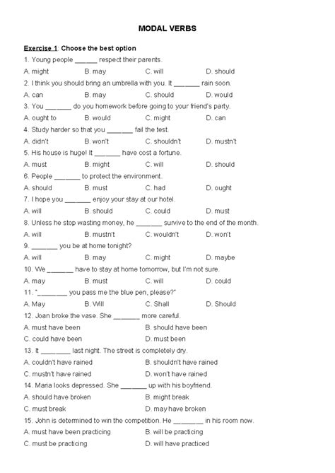Modal Verbs Ws Modal Verbs Exercise 1 Choose The Best Option