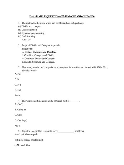daa mcq sample 2020 pdf pdf dynamic programming algorithms
