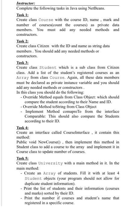 Solved Instructor Complete The Following Tasks In Java
