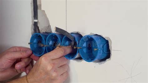 Installation Of The Socket In A Wall With An Electric Wire Stock Video Video Of Wall