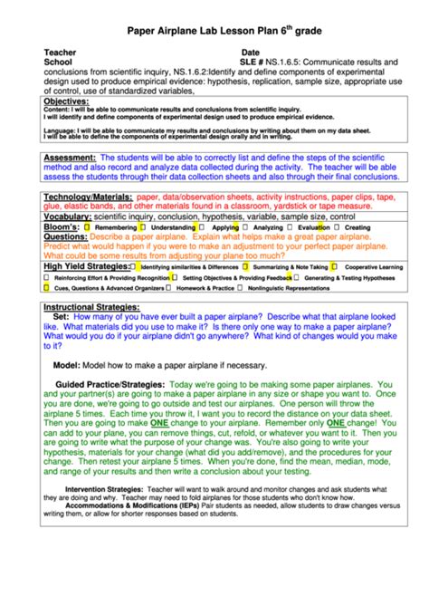 Paper Airplane Lab Lesson Plan 6th Grade Printable Pdf Download