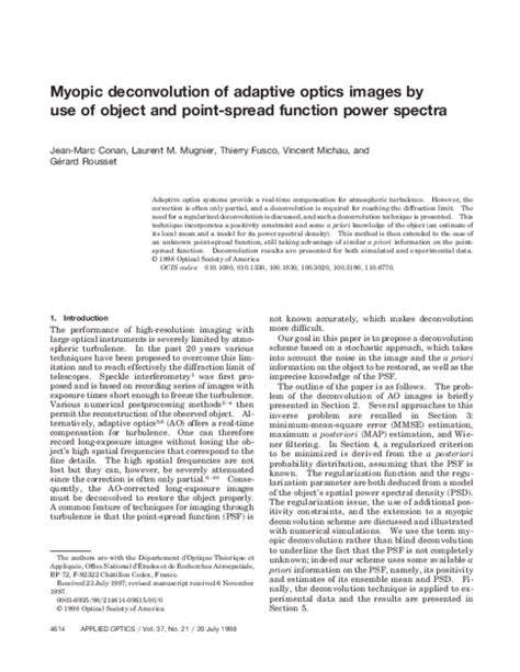 Pdf Myopic Deconvolution Of Adaptive Optics Images By Use Of Object And Point Spread Function