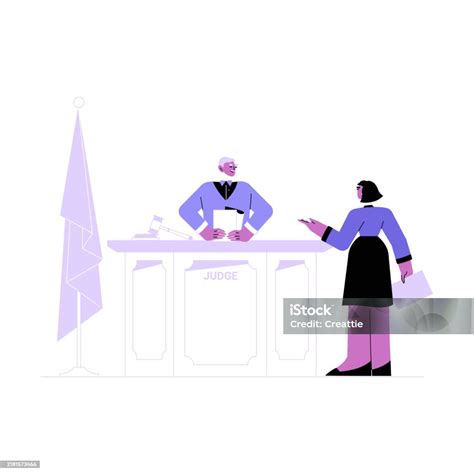 판사와 여성 변호사가 법원 테이블에서 사건을 논의 하는 편평한 벡터 일러스트 레이 션은 사법 절차와 법적 절차를 상징하며 흰색 배경에 고립되어 있습니다 개념에 대한 스톡