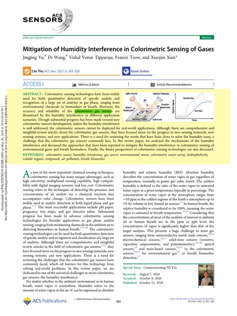 Yu Et Al 2020 Mitigation Of Humidity Interference In Colorimetric Sensing Of Gases Pdf