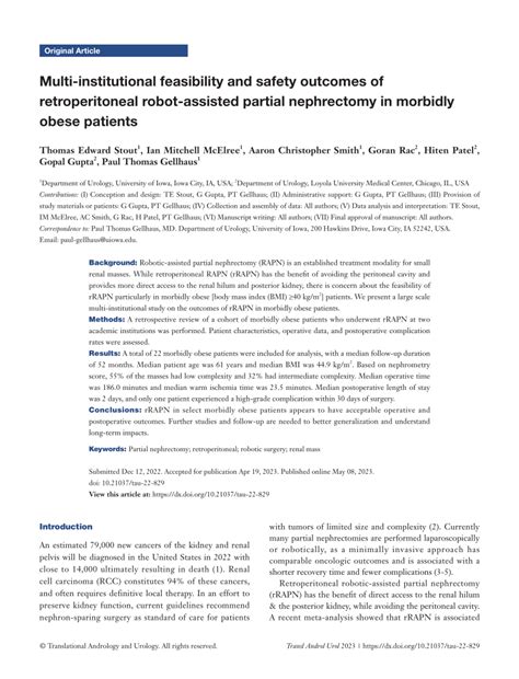 Pdf Multi Institutional Feasibility And Safety Outcomes Of Retroperitoneal Robot Assisted