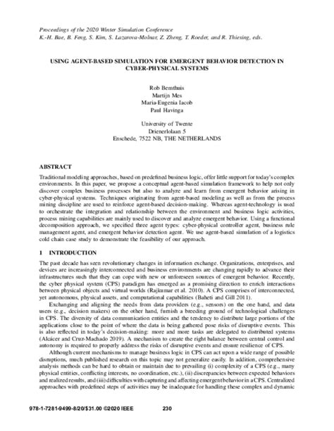 Pdf Using Agent Based Simulation For Emergent Behavior Detection In Cyber Physical Systems