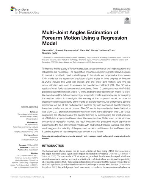 Pdf Multi Joint Angles Estimation Of Forearm Motion Using A Regression Model