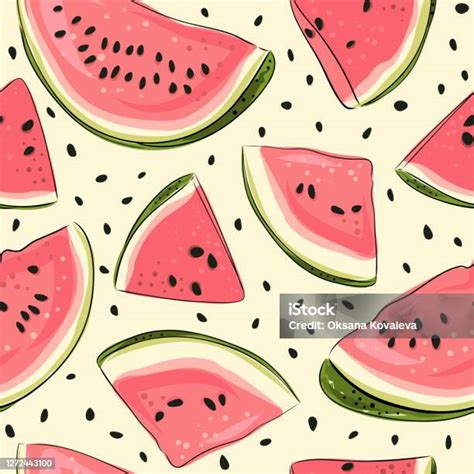 수박 매끄러운 패턴 손으로 그린 수박 슬라이스와 씨앗 직물 종이 및 기타 제품에 대한 벡터 그림입니다 노란색 배경에 밝은 색상의 분홍색과 붉은 열매 조각 과일에 대한 스톡