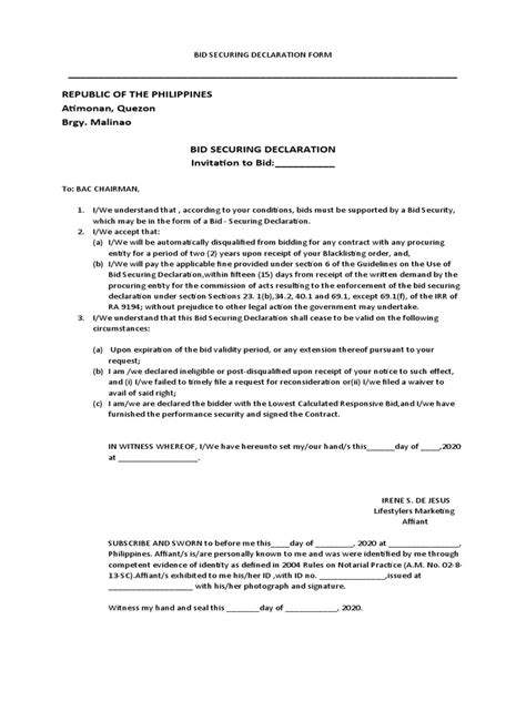 Bid Securing Declaration Form Pdf Affidavit Justice