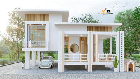 แบบบ้านชั้นเดียวยกสูง สไตล์โมเดิร์น 3 ห้องนอน 1 ห้องน้ำ มีระเบียง