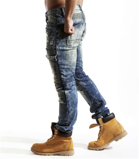 Smoke Rise Mens Slim Ripped Stretch Moto Biker Cargo Denim Jeans