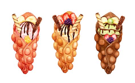 아이스크림과 신선한 과일을 곁들인 달콤한 버블 와플 수채화 세트 가이단자이에 대한 스톡 벡터 아트 및 기타 이미지 가이단자이 가지 식물 부위 감귤 Istock