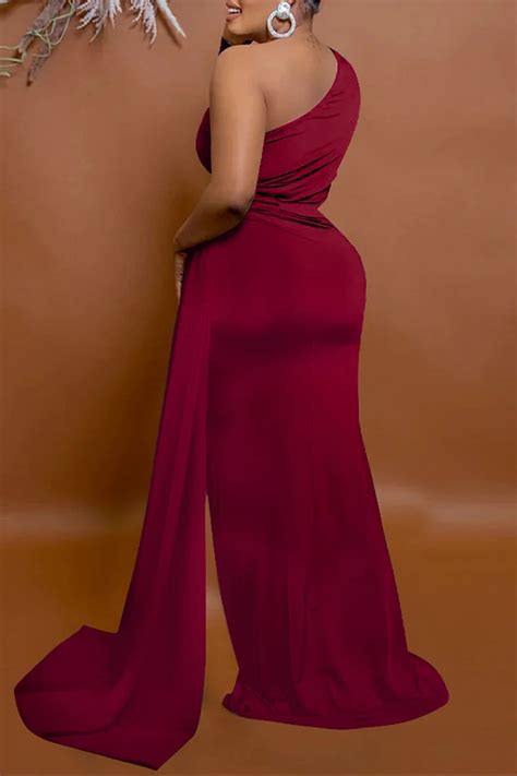 Xpluswear Plus Size Burgundy Formal Satin One Shoulder Long Sleeve Sweep Maxi Dresses