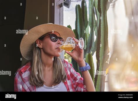 Cute Girl Drinking Beer In A Terrace Woman Drinking Beer And Enjoying
