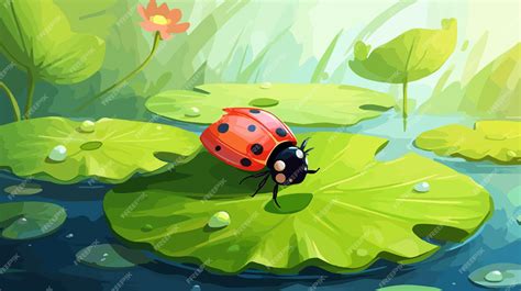 Ladybug On Lotus Leaf Wallpaper With Free Space For Text Premium Ai