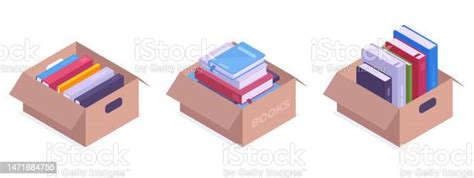 골판지 상자에 아이소 메트릭 책 책 기증 백과사전 및 교과서 스택 소설 판타지 또는 교육 문학 3d 벡터 일러스트 레이 션 세트 책에 대한 스톡 벡터 아트 및 기타 이미지