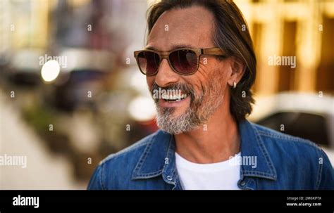 Grey Bearded Middle Aged Handsome Freelancer Man Smiling Looking