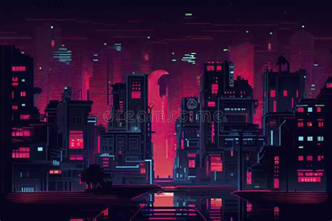 Cyberpunk Neon City Night Futuristic City Scene In A Style Of Pixel