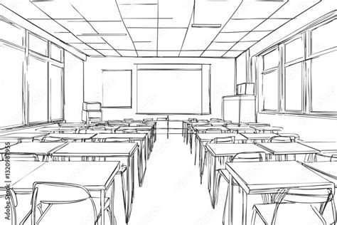 Black And White Sketch Of An Empty Classroom With Desks And Chairs