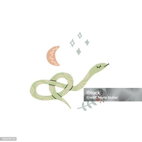 만화 스타일 꽃과 달에 사랑스러운 뱀을 가진 아이들을위한 귀여운 보헤미안 포스터 인쇄 손으로 그린 벡터 그림 관상용 식물에 대한 스톡 벡터 아트 및 기타 이미지 Istock