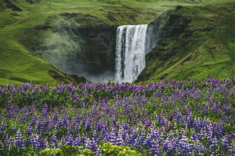 여름에 아이슬란드 시골의 장엄한 스코가 포스 폭포의 아름다운 풍경 스코가포스 폭포는 아이슬란드와 유럽의 가장 유명한 자연 랜드마크이자 관광지입니다 사진