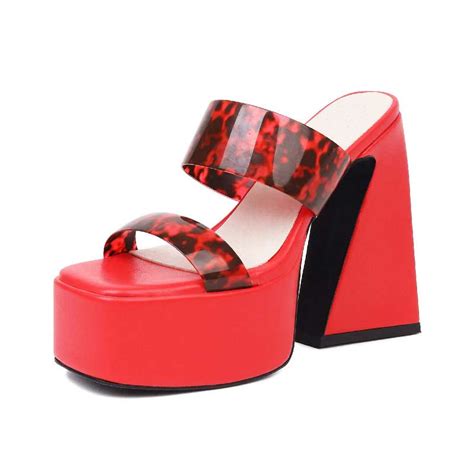 Emma Jones Peep Toe Chunky Heels Slippers Platforms Sandals Red In Sexy Heels And Platforms 7479