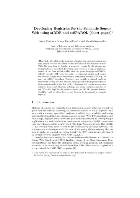 Pdf Developing Registries For The Semantic Sensor Web Using Strdf And Stsparql Short Paper⋆