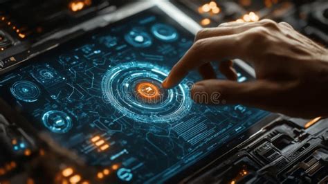 Hand Interacting With Futuristic Digital Interface Glowing Blue And Orange Screen Stock